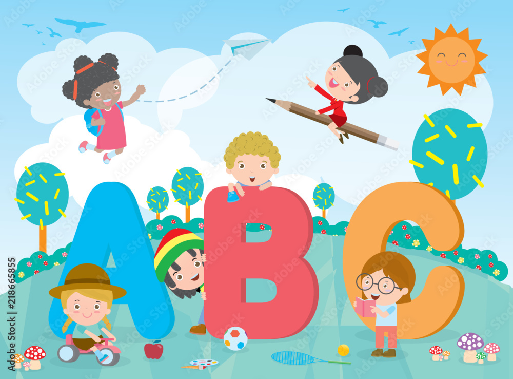 cartoon kids with ABC letters, School kids with ABC, children with ABC ...