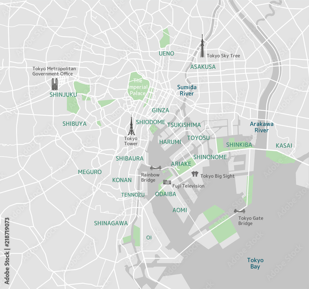 Tokyo bay area road map ( with place names, sightseeing spots) Stock ...