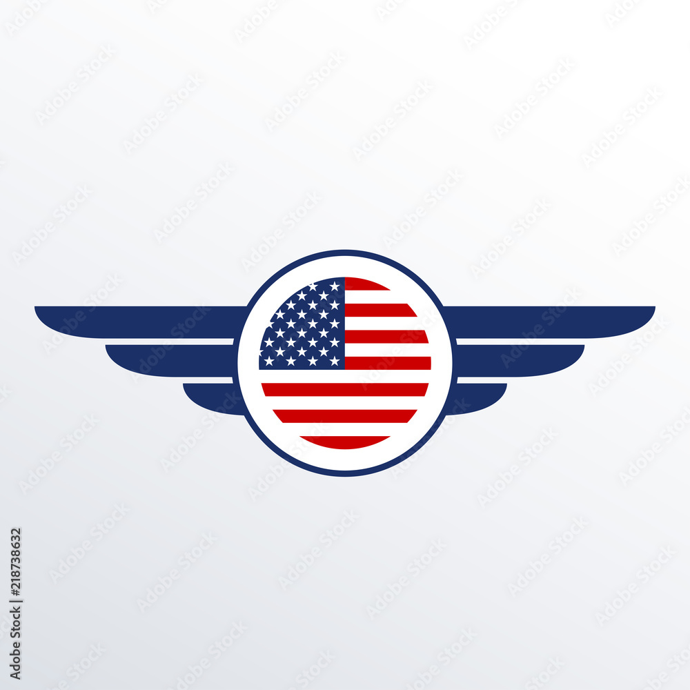 Wings badge with USA flag. Winged American flag template. Air force and ...