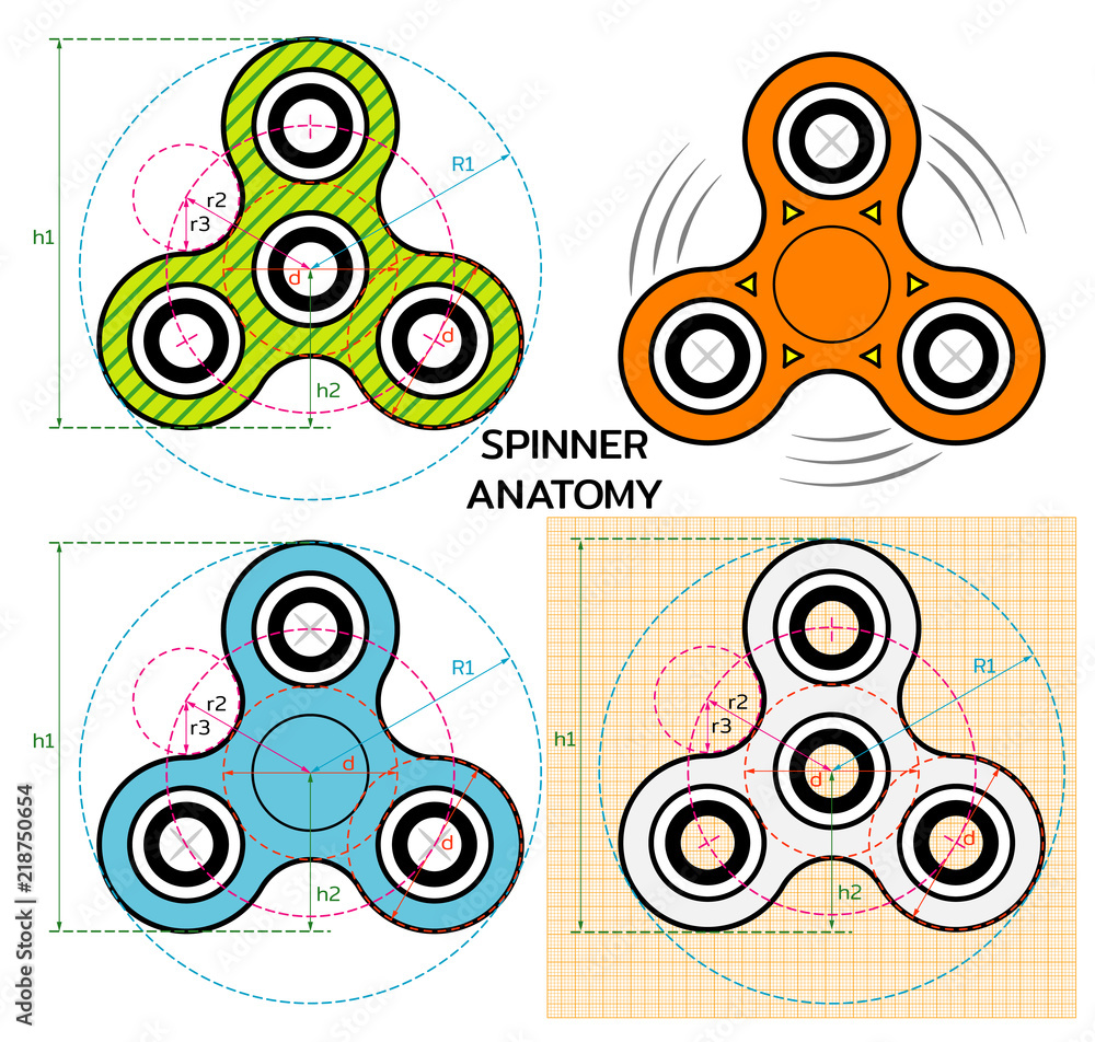 Spinner hand toy. Mechanician drawing of spinner anatomy. Spinner logo ...