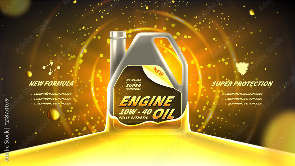 Motor oil advertisement background. Vector illustration with realistic ...