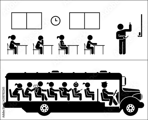 School days. School children. Children go to school by school bus ...