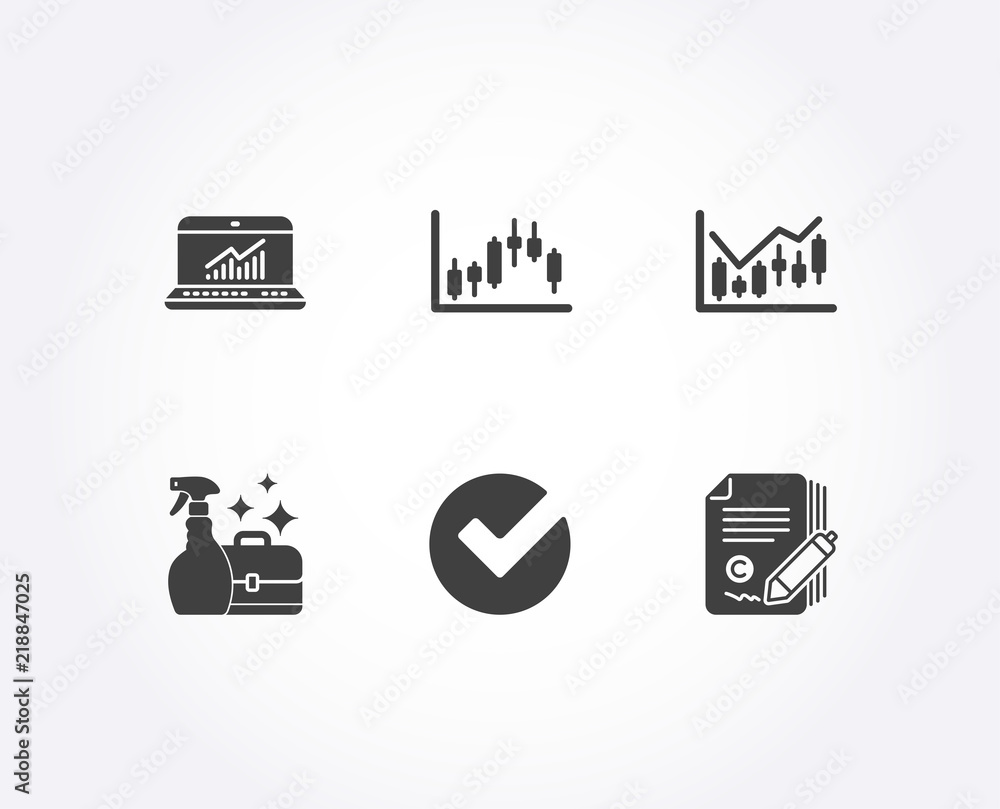 Set of Candlestick graph, Verify and Cleanser spray icons. Financial ...