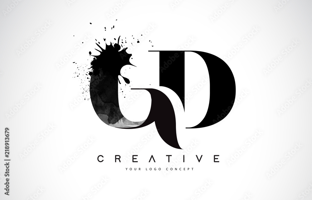 GD G D Letter Logo Design with Black Ink Watercolor Splash Spill Vector ...