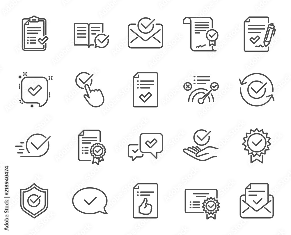 Approve line icons. Set of Check List, Certificate and Award medal ...