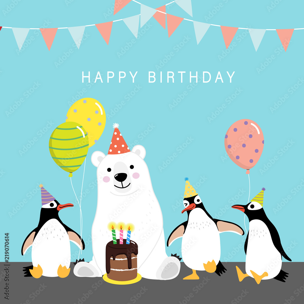 Happy birthday greeting card with cute polar bear and penguin. Animal ...
