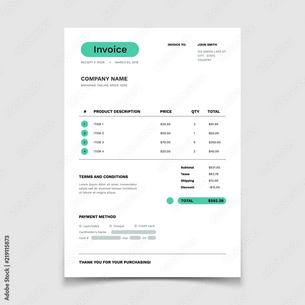 Invoice form template. Business Bill with data table. Paper order bookkeeping service document ...