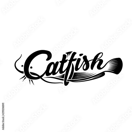 Catfish logo. Black and white lettering design. Decorative inscription ...