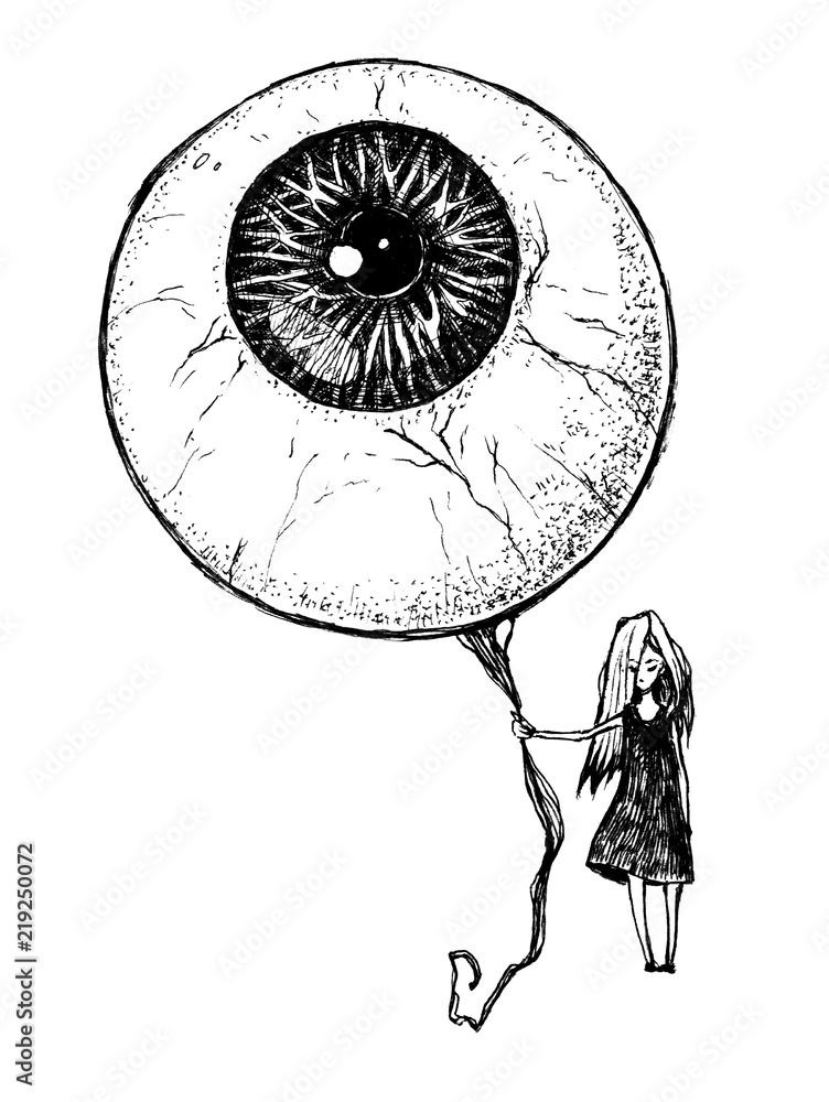 The girl with the eyeball in a form of the balloon. Ink drawing ...