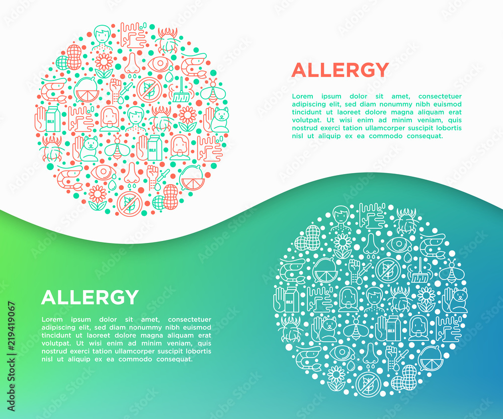 Allergy concept in circle with thin line icons: runny nose, dust ...