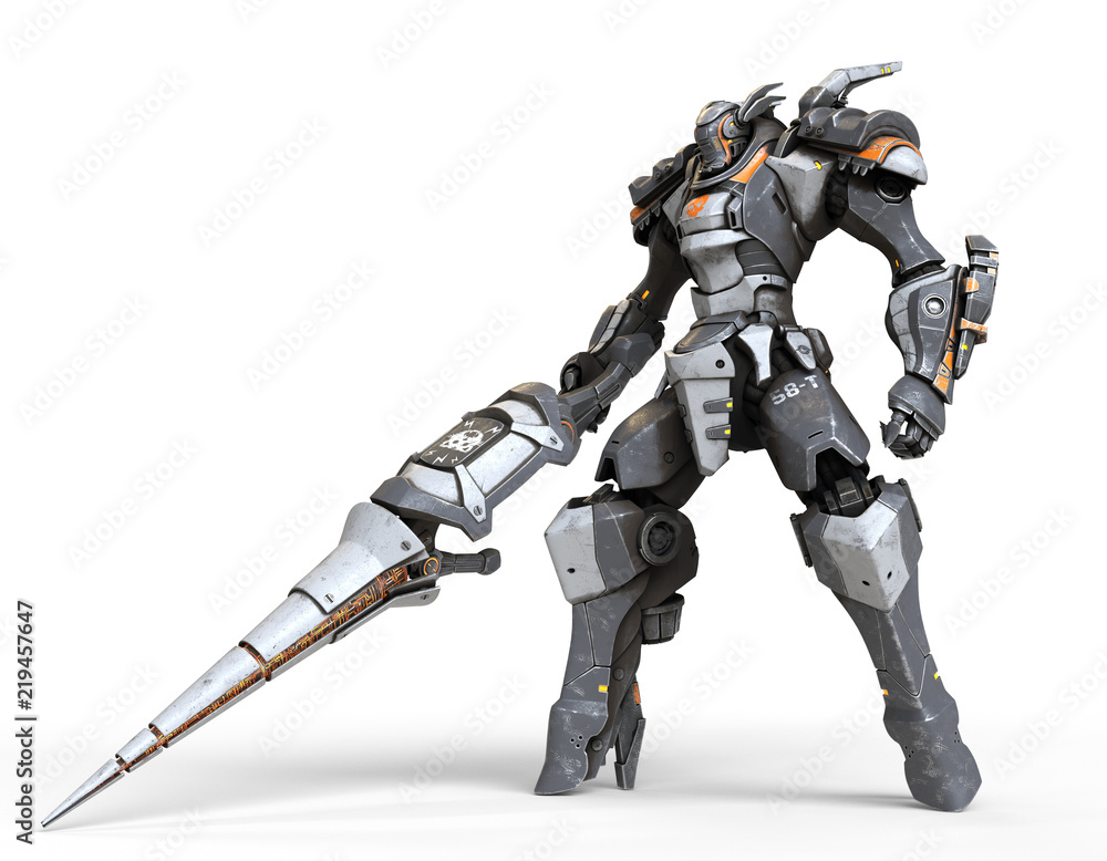 Robot warrior with a large lance in one hand. A science-fiction mech in ...