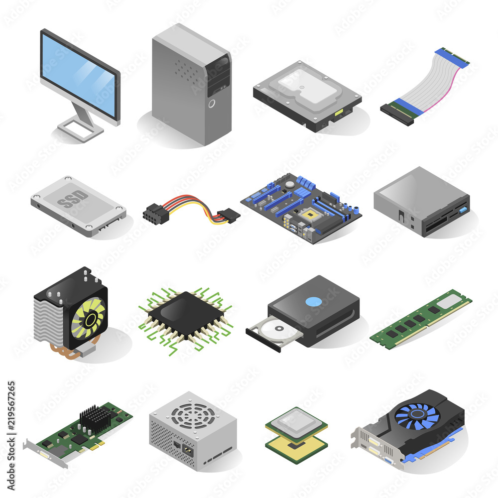 Computer parts isometric set isolated on white background Stock Vector ...