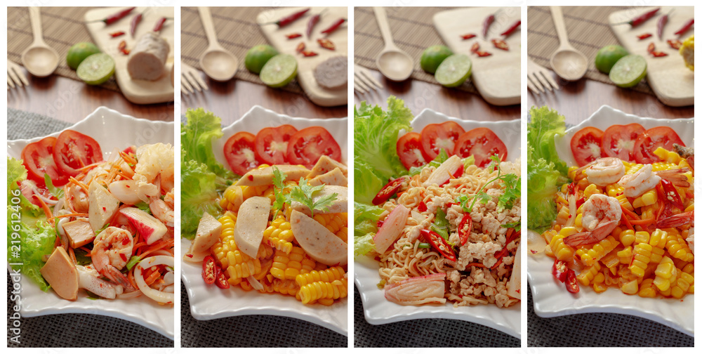 Collage photos of multiple Thai food yum salad hot and spicy food for ...
