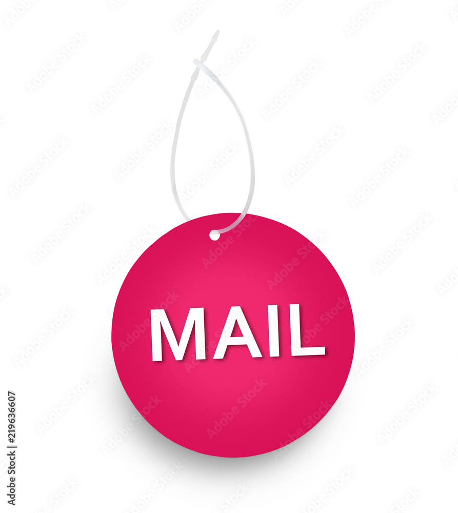 Red color tag signing hanging against white background with the mail ...