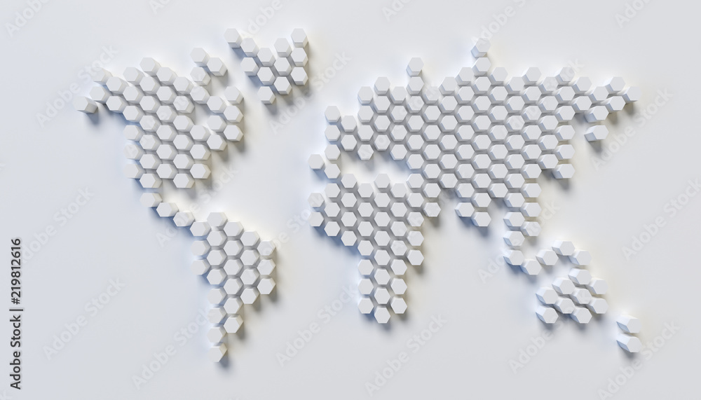 World map wall sculpture, stylized world map made of the hexagonal ...