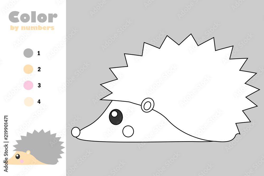 Hedgehog in cartoon style, color by number, autumn education paper game ...