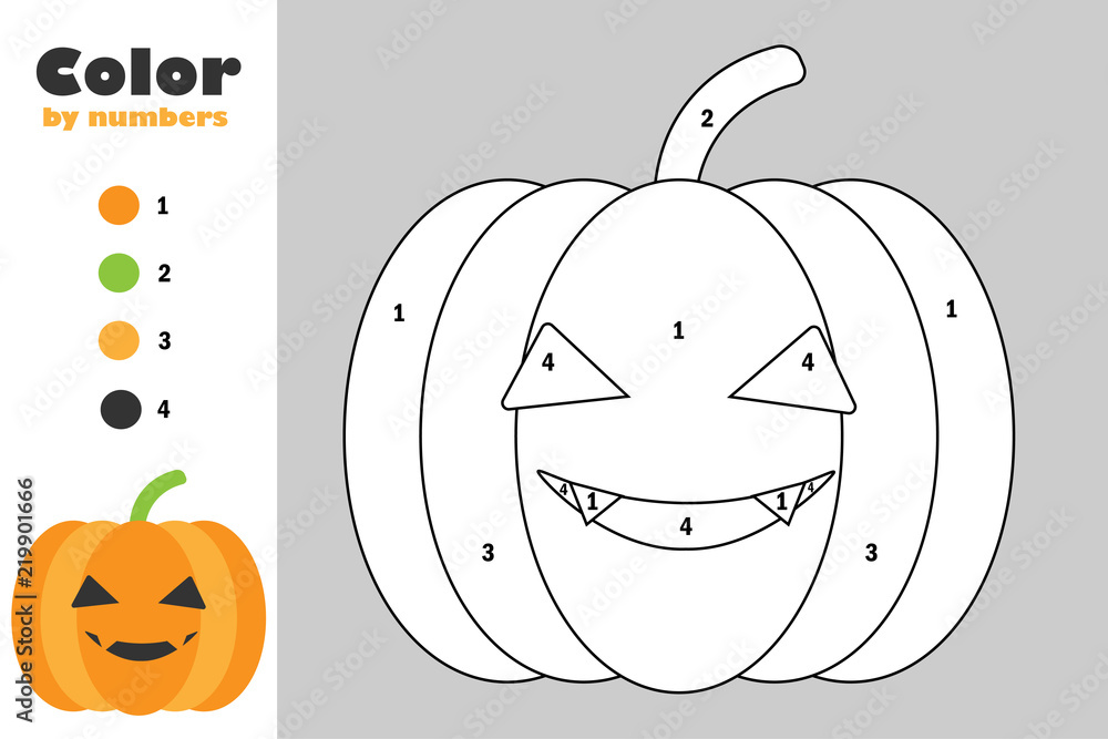 Pumpkin in cartoon style, color by number, halloween education paper ...