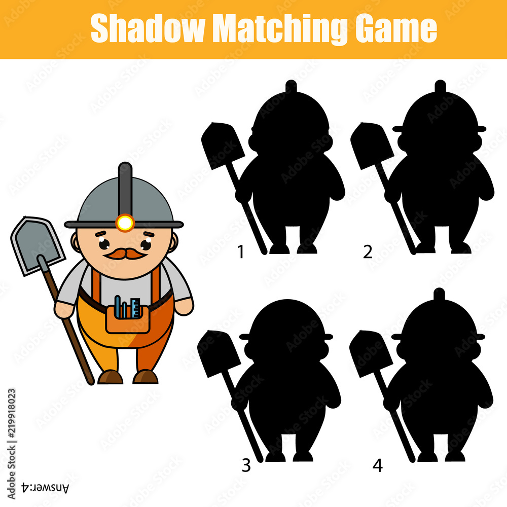 Shadow matching game. Kids activity with miner Stock Vector | Adobe Stock