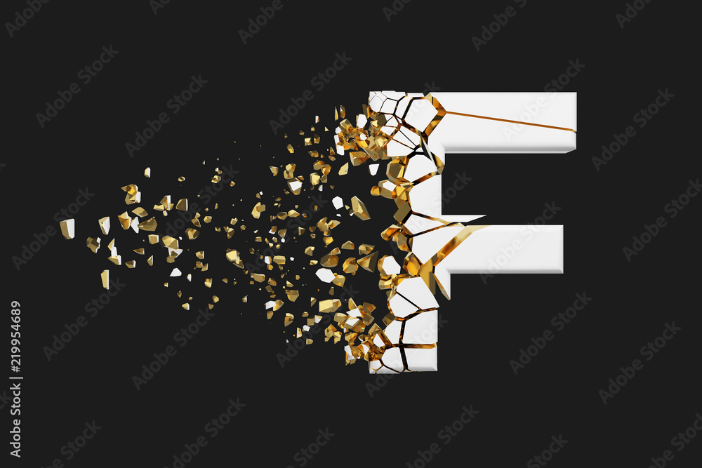 Broken shattered alphabet letter F uppercase. Crushed white and gold ...