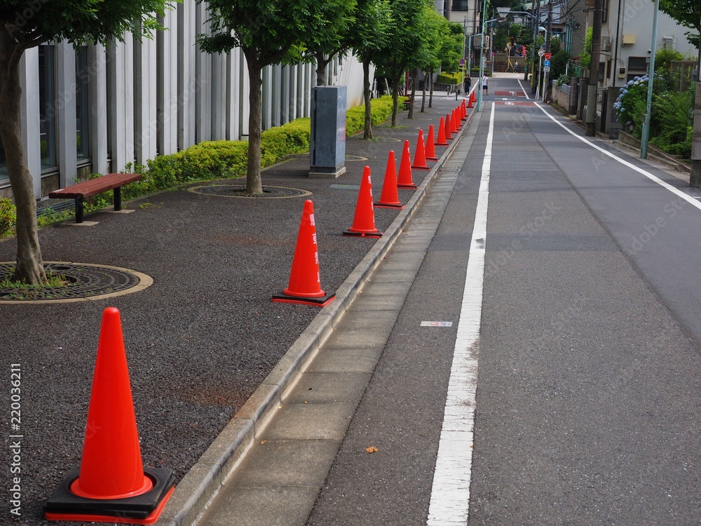 red traffic cones standing in a row,*printed text on red pylon means ...