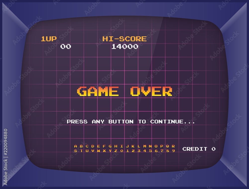 Retro arcade game machine. Screen background and font. Vector ...