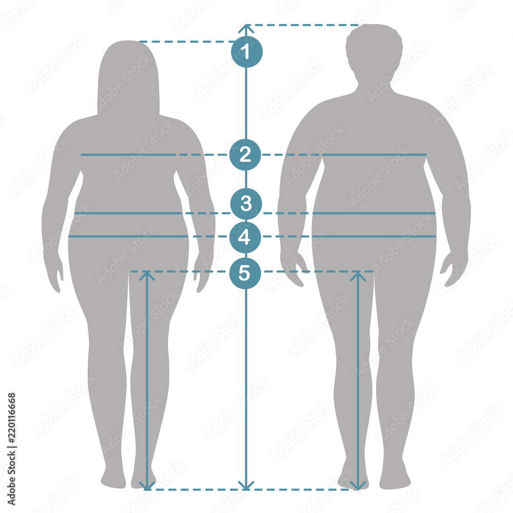 Silhouettes of overweight man and women in full length with measurement ...