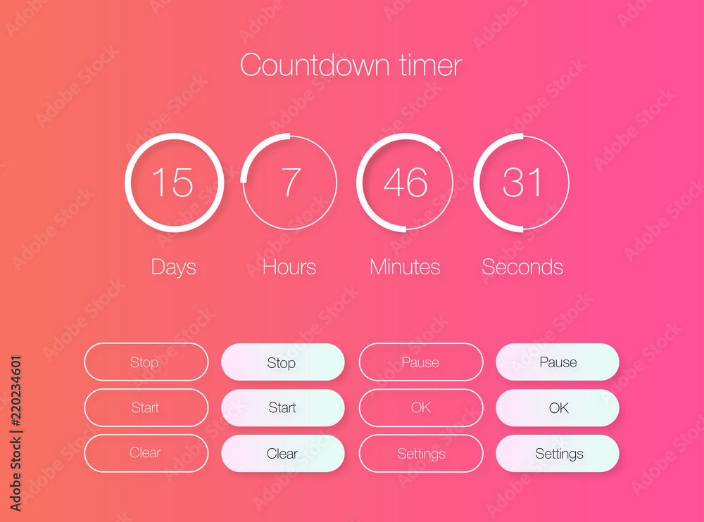 Countdown timer vector website element with buttons. Flat digital clock timer application ...