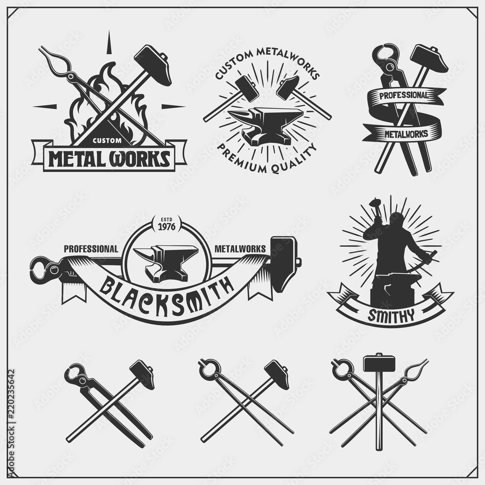 Vintage emblems for forge. Blacksmith labels, badges and design ...