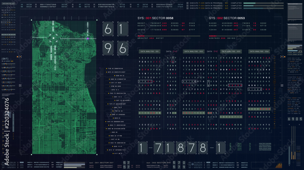 Abstract running numbers code hacking source code and map digital data ...
