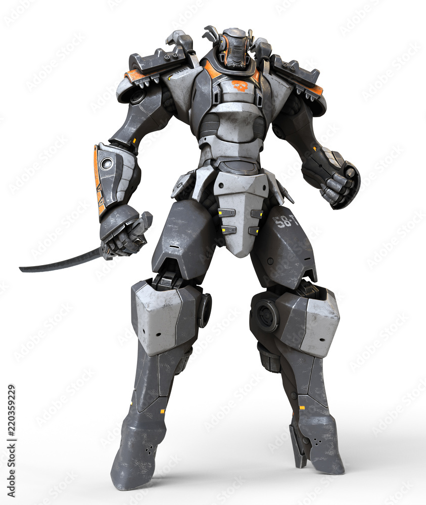 Mech samurai warrior standing and holding katana sword in his hand ...