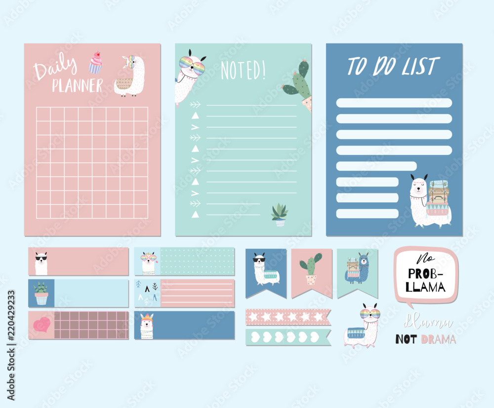 Printable and sticker with llama,alpaca,cactus,cake,heart in funny ...