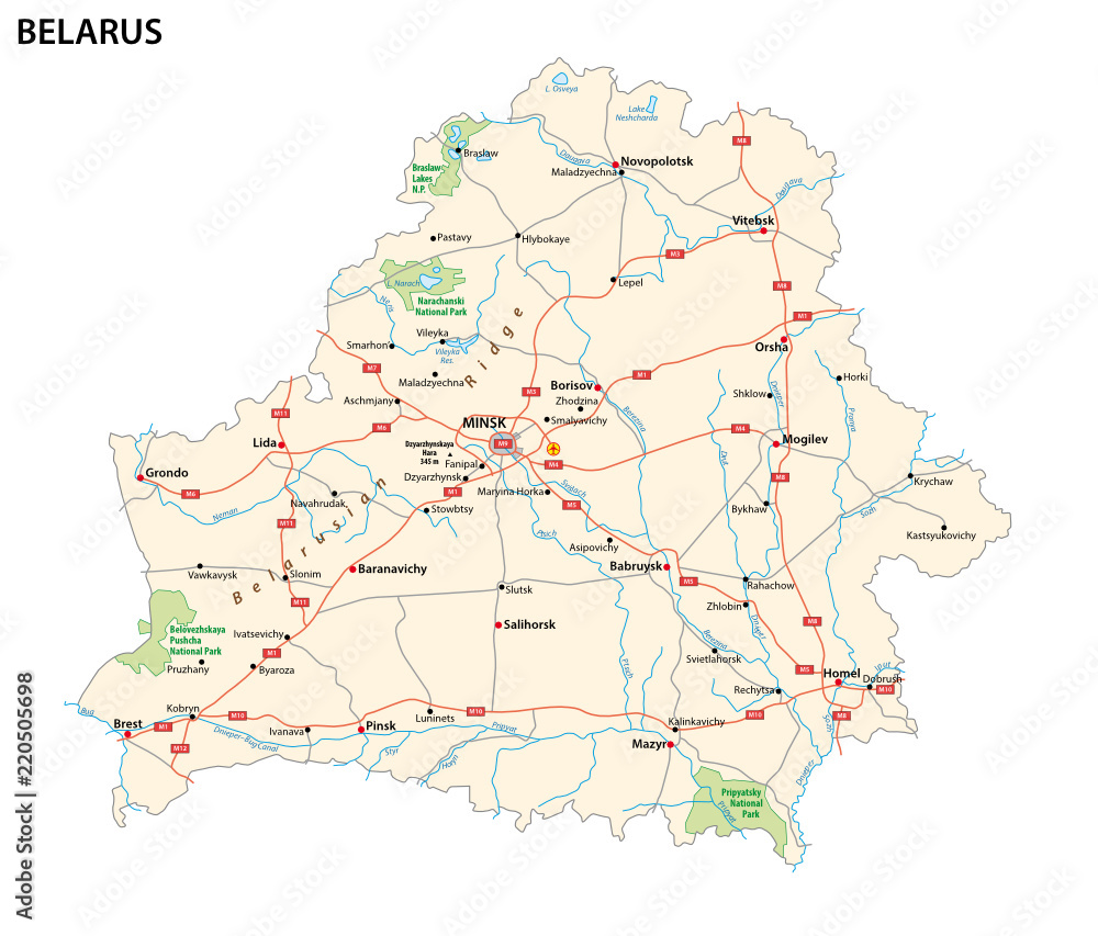 vector road and national park map of the Republic of Belarus Stock ...