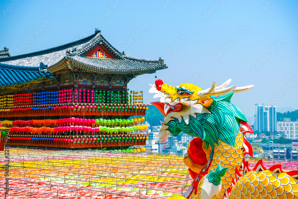 Aerial view of Samgwangsa temple in Busan city of South Korea. Thousands of paper lanterns ...