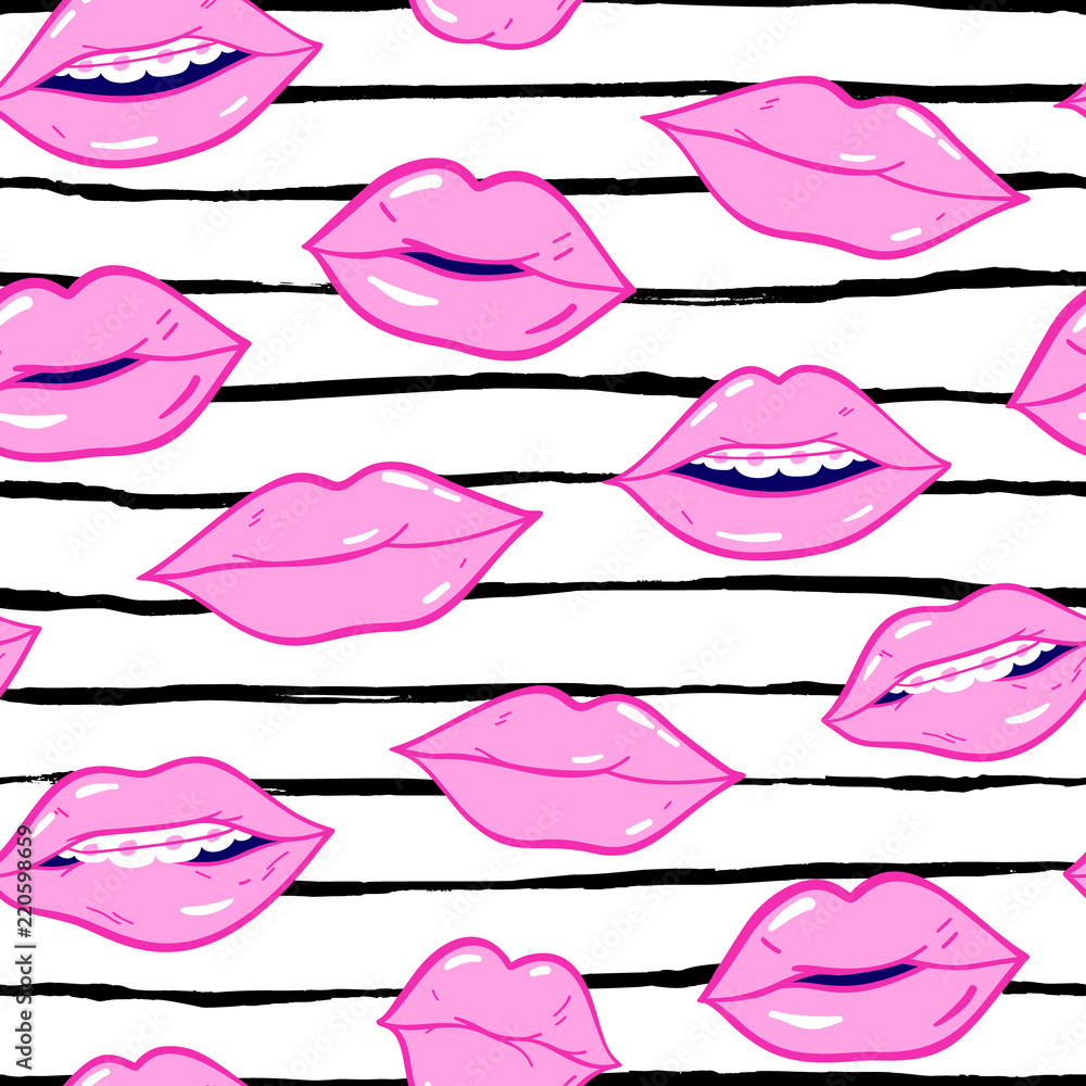 Beauty, makeup, cosmetic fashion seamless pattern. Vector red pink color doodle lips patches in ...