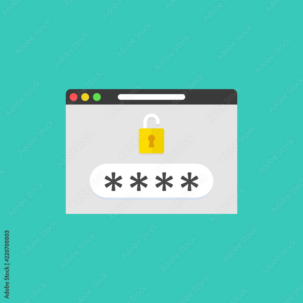 Password field with open lock in browser window vector illustration ...