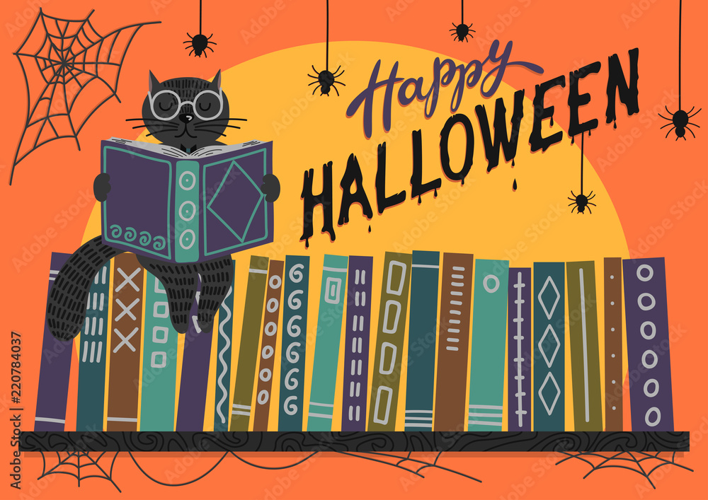 Happy Halloween. Black cat reading book on bookshelf on orange ...