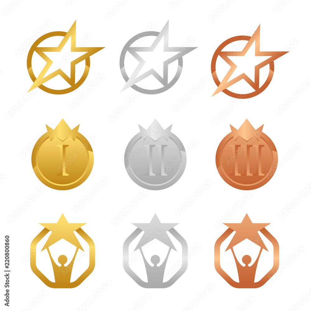 Gold, Silver And Bronze Award Medals with star and crown concept vector ...