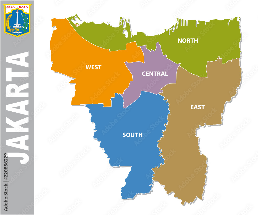 Colorful Jakarta administrative and political map with coat of arms ...