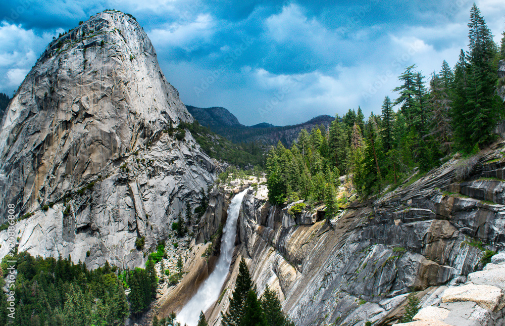 Half Dome and Nevada Falls Waterfall at the top of Mist Trail In ...
