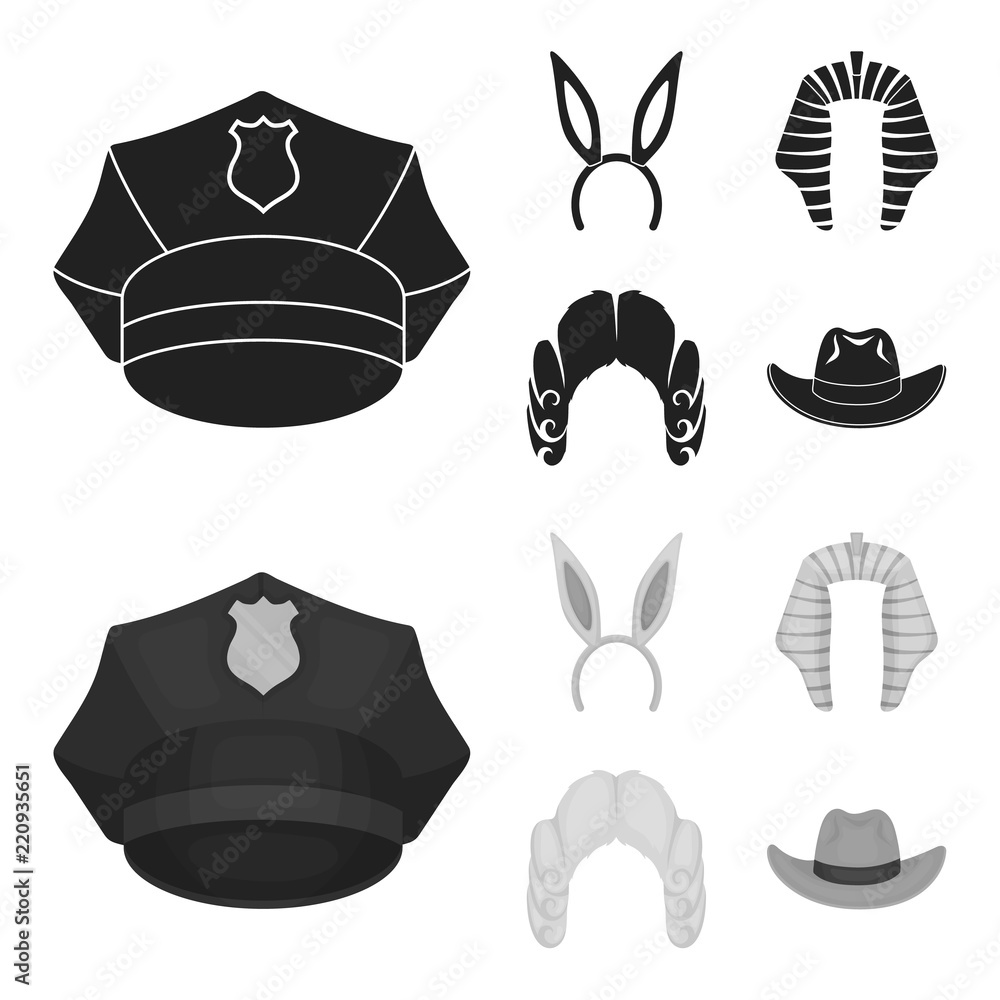 Rabbit ears, judge wig, cowboy. Hats set collection icons in black ...