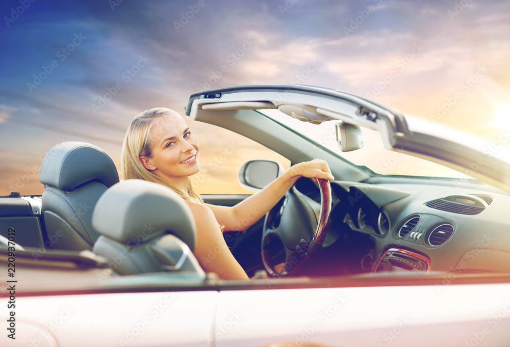 travel, road trip and people concept - happy young woman driving ...