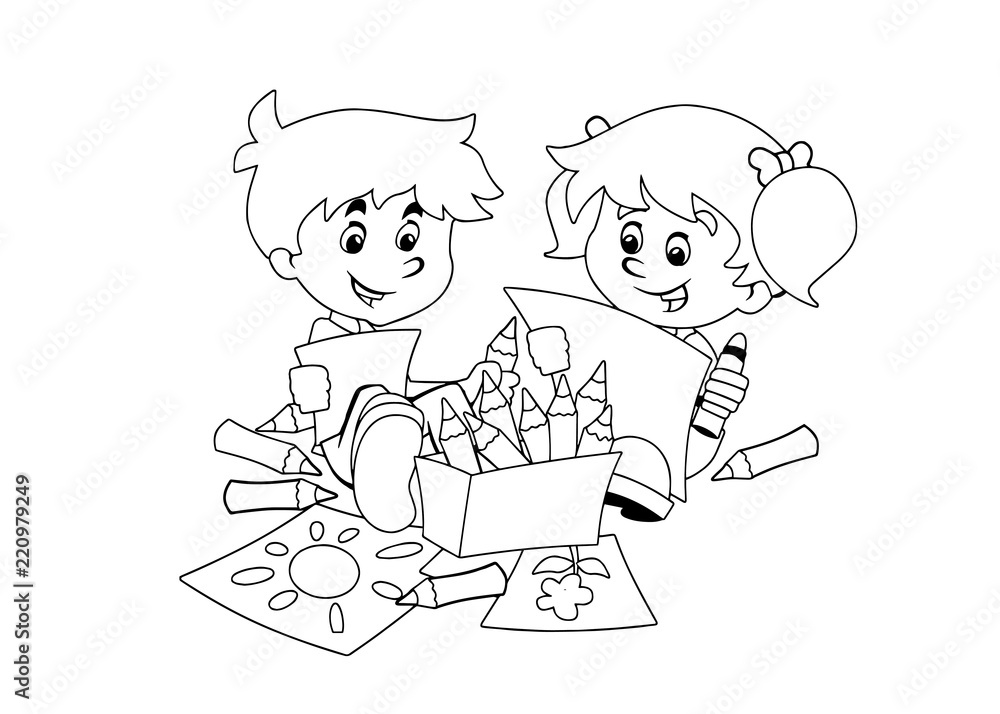 cartoon scene with kids drawing and coloring - vector coloring page on ...