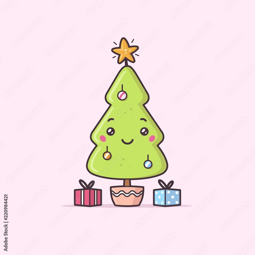 Cute Christmas tree vector cartoon illustration in kawaii style Stock ...