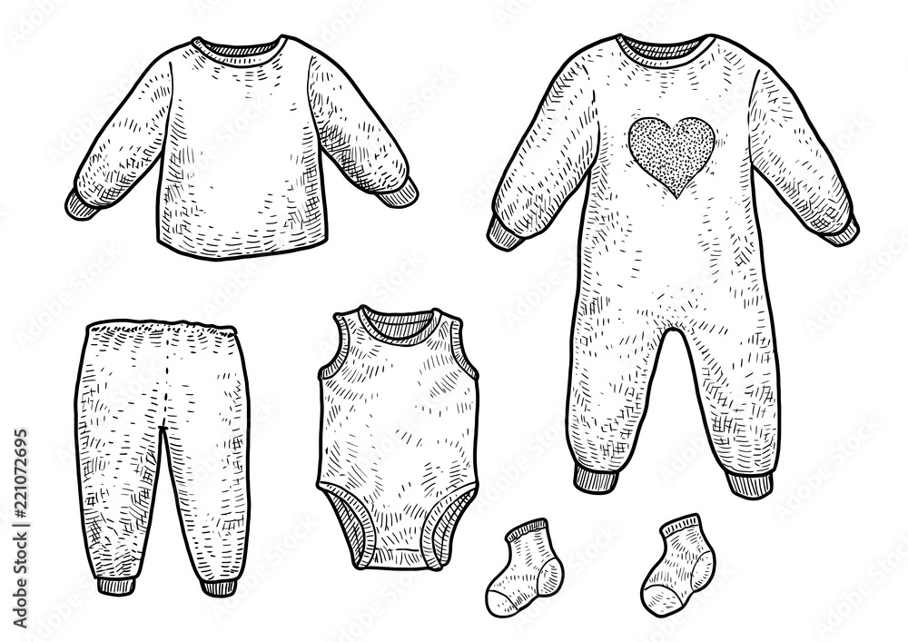 Baby, infant clothes illustration, drawing, engraving, ink, line art ...