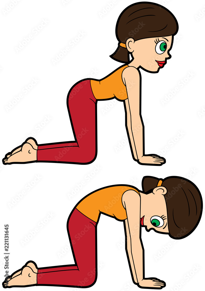 Yoga asana set cat-cow/ Illustration cartoon girl doing marjaryasana ...