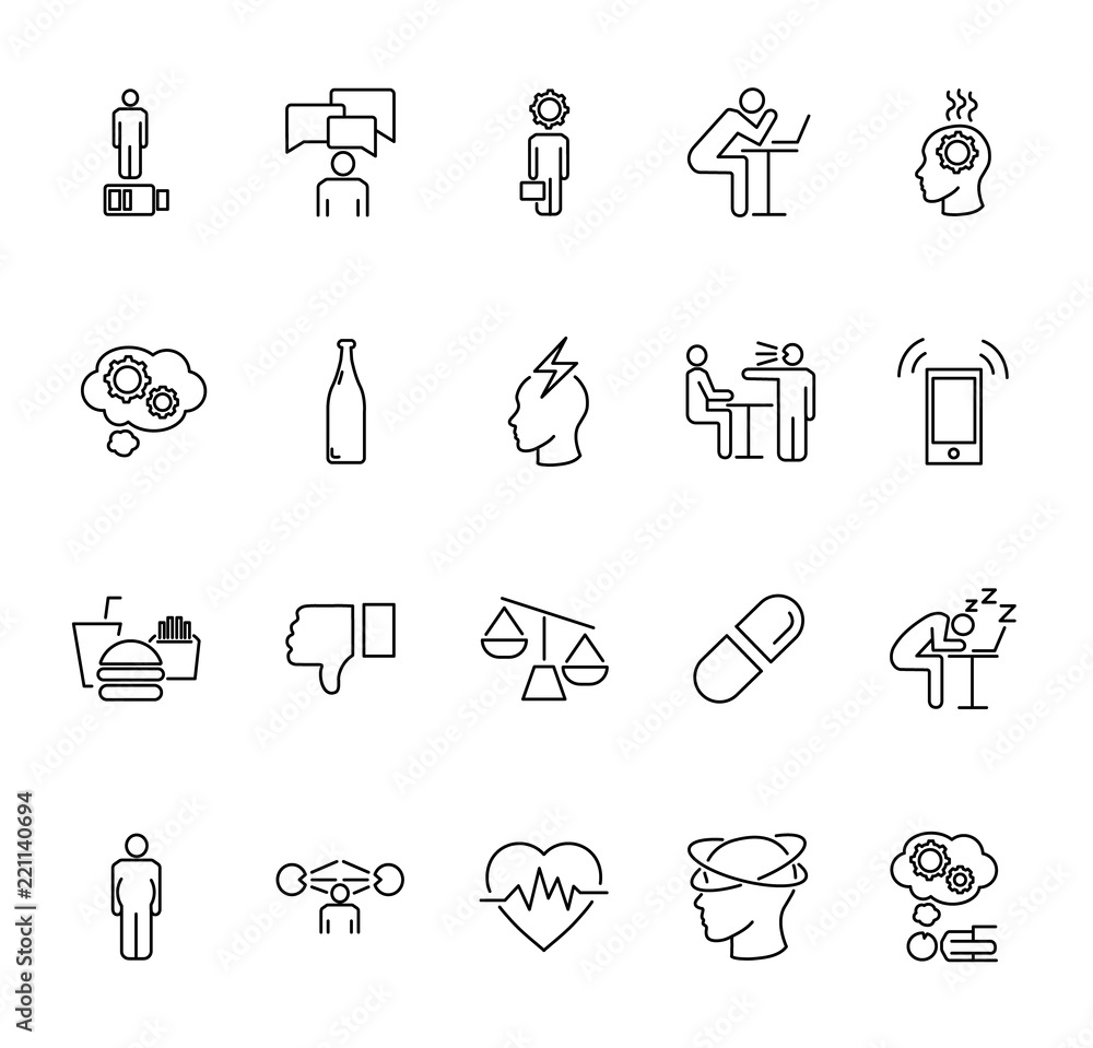 Stress causes outline icon collection. Vector illustration why people ...