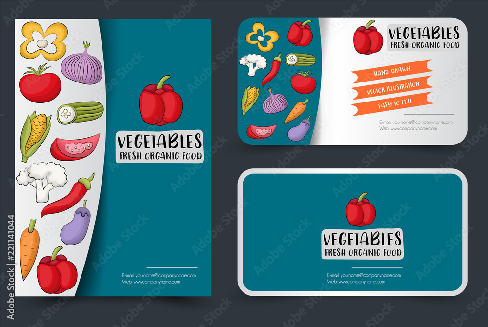 Eco food vegetables flyer and business cards. Mockup corporate ...