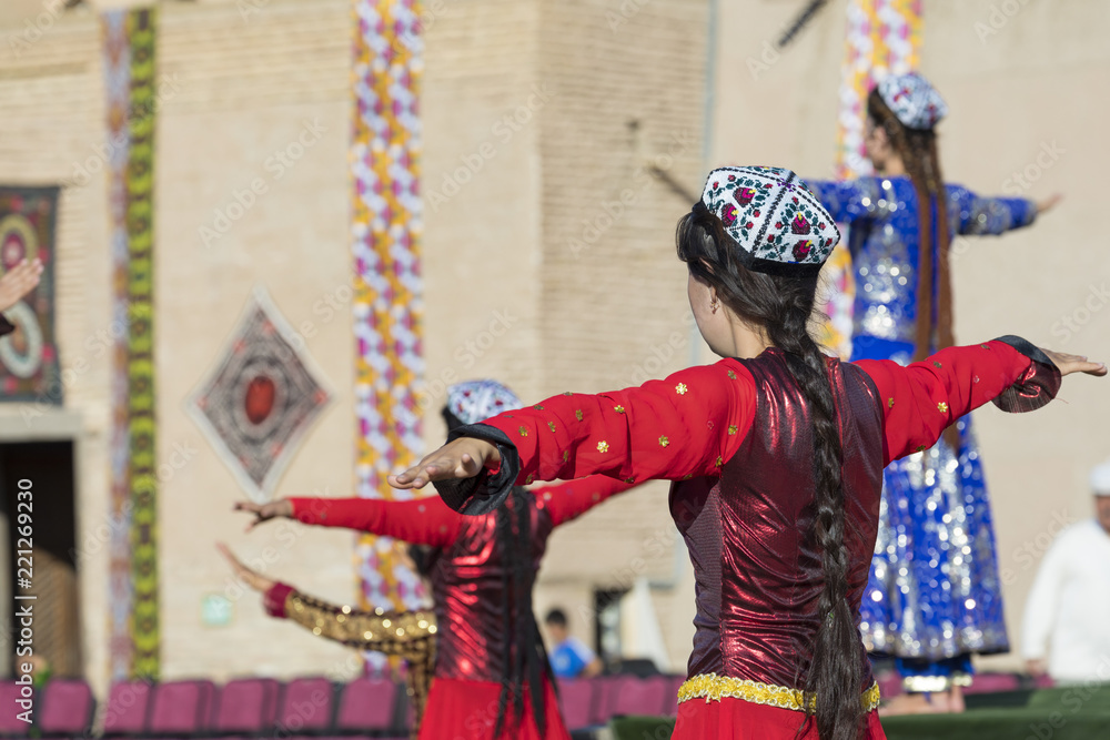 Folk dancers performs traditional dance at local festivals in Khiva ...