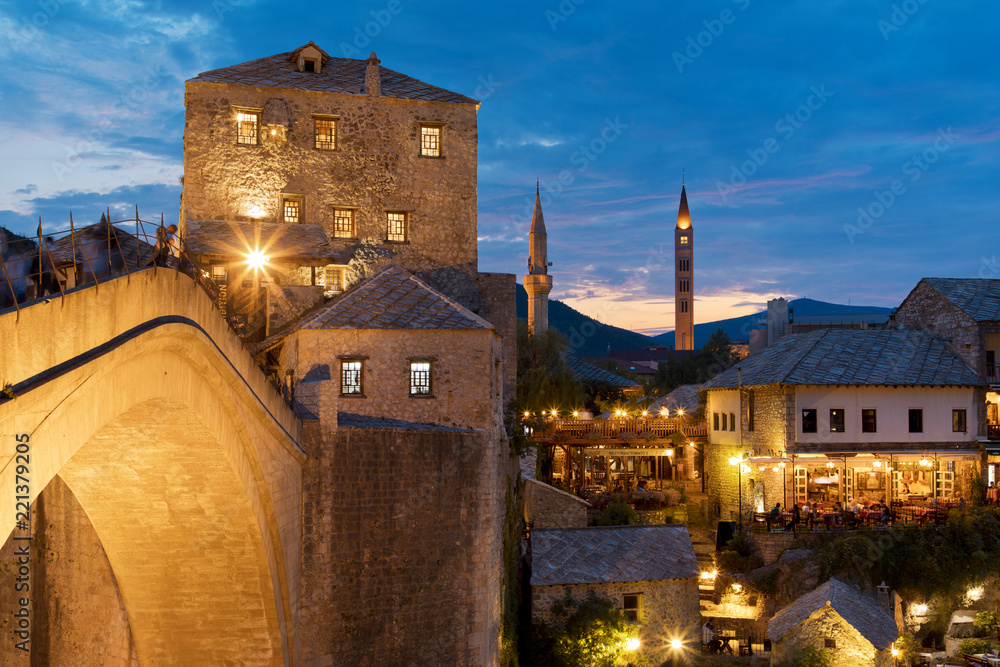 Stari Most bridge at night in Mostar Bosnia Stock Photo | Adobe Stock