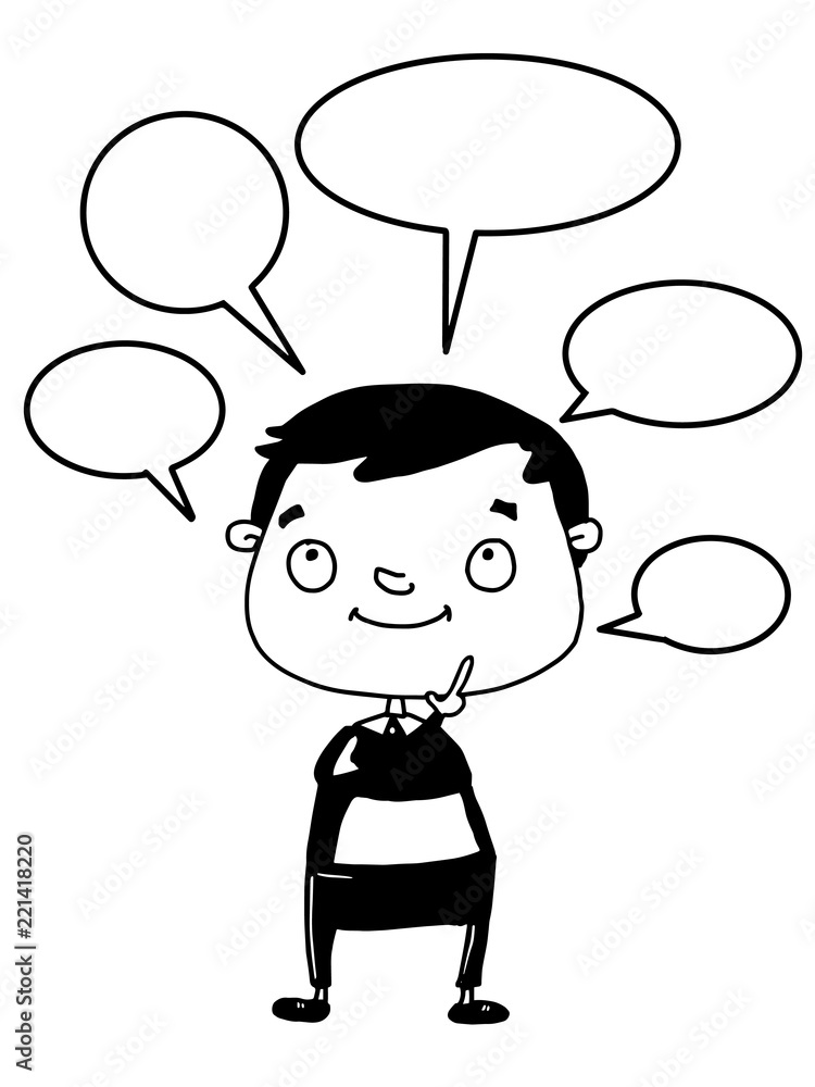 cute cartoon student child thinking and speech bubbles black white ...